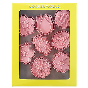 8Pcs/ Flower Shape Cookie Molds, Pink Plastic DIY Mould for Biscuit, Baking Tools