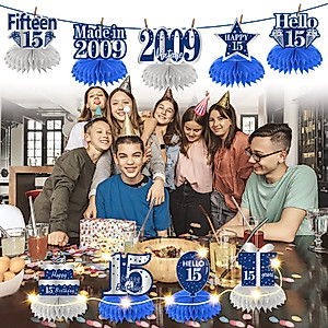Bumqviy 9Pcs Happy 15th Birthday Honeycomb Centerpieces Decorations with String Lights for Boy, Blue Silver Made in 2009 Table Centerpieces Party Supplies, Fifteen Year Old Birthday Table Toppers Sign