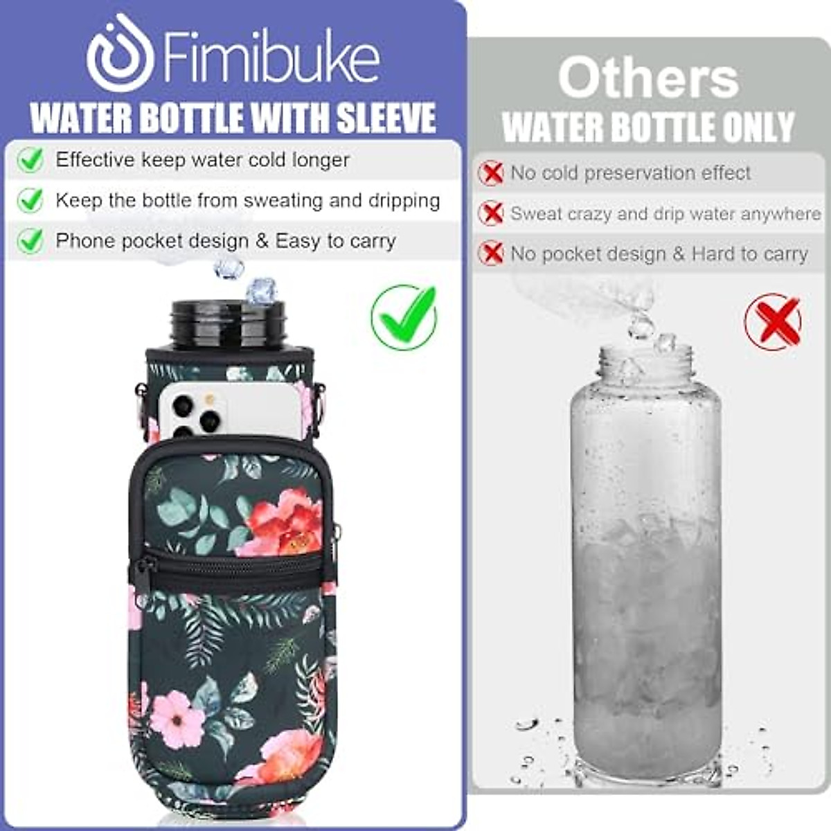 Fimibuke 32 oz Water Bottle with Sleeve - BPA Free Leakproof Sport Large 1L Plastic Motivational Water Bottle with Straw Strap Insulated Neoprene Holder Carrier Bag for Women Men(A9.Retro Rose)
