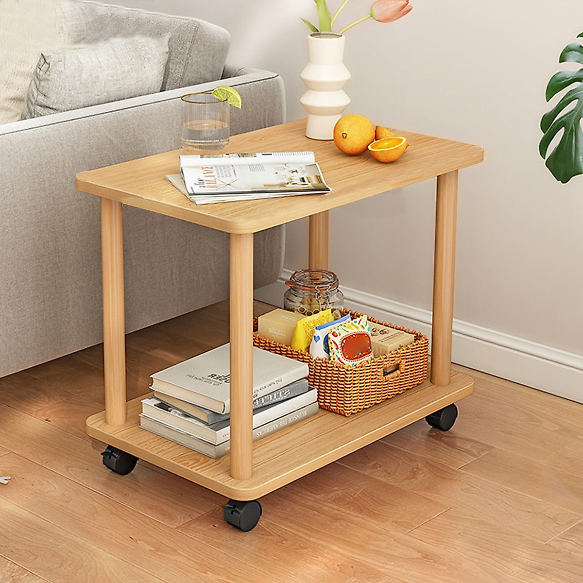 Altsuceser Small Table, 2 Tier Open Shelf End Table with Wheel, Kitchen Storage Cart, Wood Rolling Sofa Side Table for Living Room Bedroom Small Spaces Wooden Color