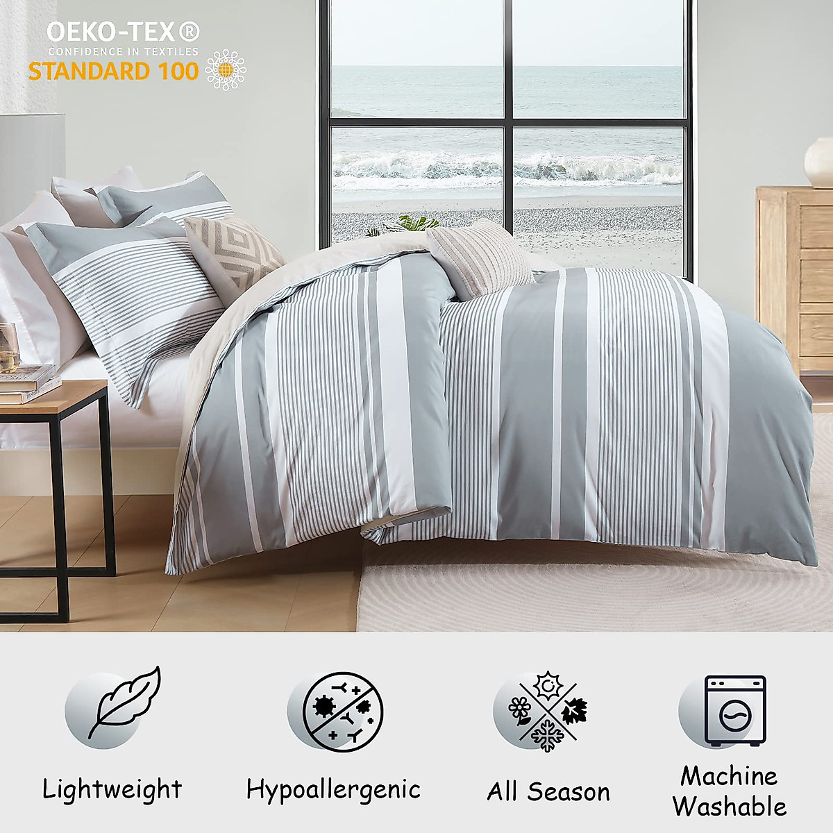 Bedduvit Striped King Duvet Cover Set - 100% Cotton Blue-Gray Duvet Cover King Size, 3 Pieces Grey Stripe Duvet Cover Set, Simple Modern Bedding Comforter Cover with Zipper Closure & 8 Ties, 104"x90"