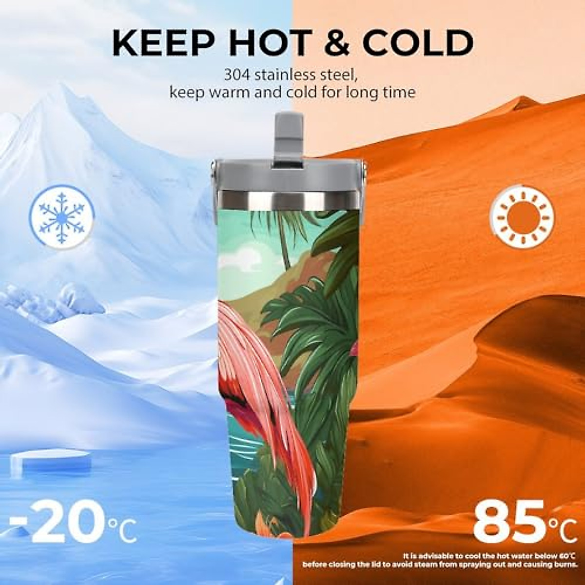 BWQJKUO Large Capacity Car Cup 30 Oz Stainless Steel Tropical Flamingo Printed Travel Mug Leak-proof Flip Straw Tumbler with Handle,keeps Cold Or Ho