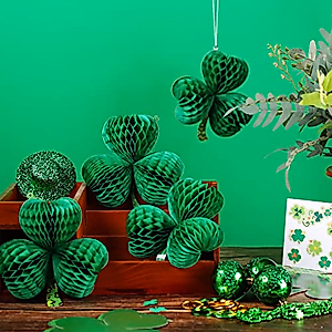 12 Pcs St. Patrick's Day Honeycomb Decoration St Patrick's Day Hanging Ornaments Shamrock Gold Clover Hat Beer Mug Irish Elf Shoes Honeycomb for St. Patrick's Day Party Decor (Clover)
