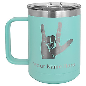 LaserGram 15oz Vacuum Insulated Coffee Mug, Sign Language I Love You, Personalized Engraving Included (Teal)