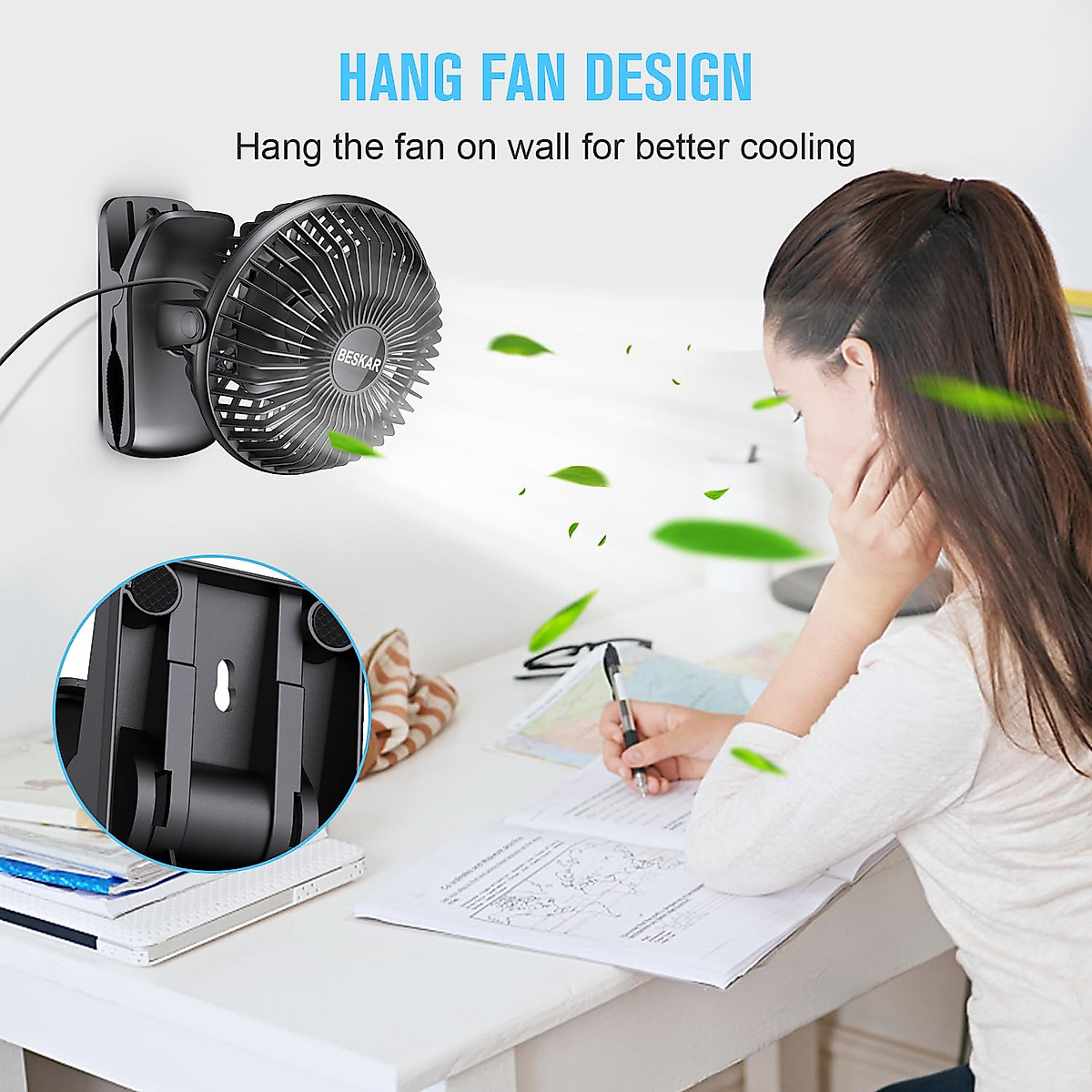 BESKAR 6 Inch Clip on Fan, 3 Speeds Small Fan with Strong Airflow, Clip & Desk Fan USB Plug in with Sturdy Clamp - Ultra Quiet operation for Office Dorm Bedroom Stroller
