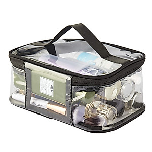 HAOGUAGUA Tsa Approved Clear Travel Toiletry Makeup Bags with Zipper and Handle Waterproof Transparent PVC Cosmetic Bag (Medium, Black)