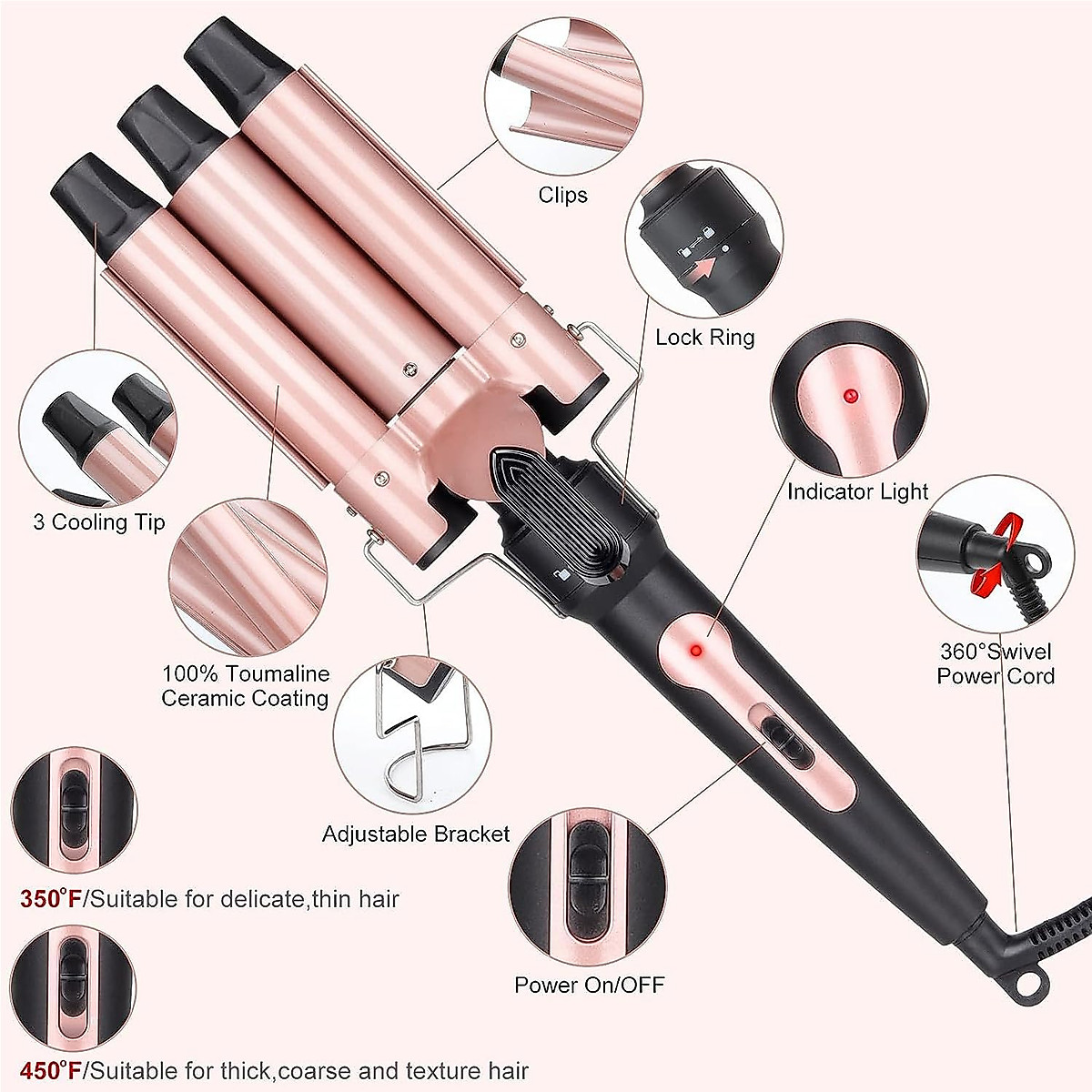 Beach Waver Curling Iron Wand Set 5 in 1 Hair Curlers Waver Crimper Tool for Women Man 3/8 inch - 1 1/4 inch Curling Wands with Attachments for Hair Curly Hairstyle