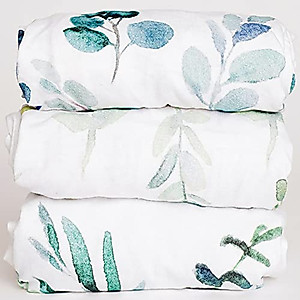 NODNAL CO. 3 Fitted Bassinet Sheets Leafy Set - 100% OEKO-TEX Cotton for Baby Girl/Boy - Gender Neutral Leaves, Floral Eucalyptus Greenery - Cradle/Moses Basket Hourglass Oval Rectangle Mattress Sheet