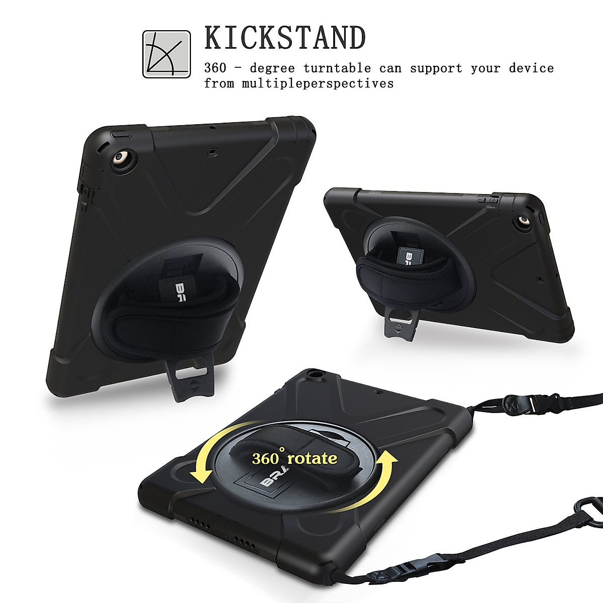 BRAECN iPad Air Shockproof Case - Heavy Duty Full-Body Rugged Protective Case with 360 Degree Swivel Kickstand/Hand Strap/Shoulder Strap for Apple iPad Air 1st Generation 9.7 inch (Black)