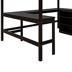 BOVZA Full Size Loft Bed with Desk and Shelves, Wooden Full Loft Bed Frame with Safety Guardrails for Kids Teens Adults, Espresso