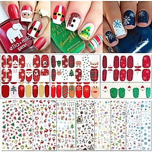 TailaiMei 15 Sheets Christmas Nail Stickers, 7 Sheets Nail Wrap Stickers and 8 Sheets Nail Decals Stickers, Full Wraps Strips and Self-Adhesive Set for DIY Nail Art (1000Pcs)