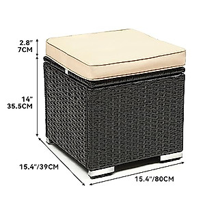 YITAHOME Set of 2 Wicker Ottomans, All Weather Rattan Wicker Ottoman Seat for Patio, Backyard, Additional Seating, Footrest, Side Table w/Storage, Removable Cushions - Brown/Beige