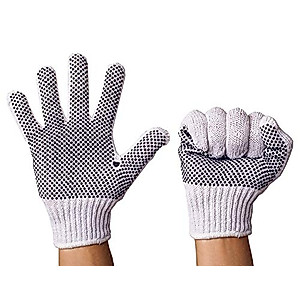 ABC String Knit Gloves with Grip Dots 10'', Pack of 24 White Work Cotton Gloves with Polyester Materials, Reusable PVC Dotted Working Gloves, Safety Work Gloves for Industrial Work