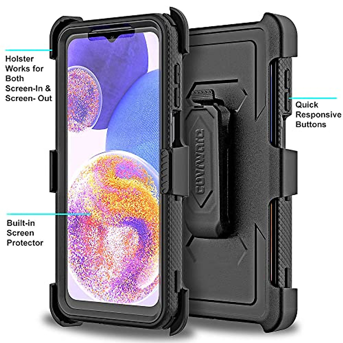 Covrware for Samsung Galaxy A23 5G / A23 (4G) Aegis Series case, Full-Body Rugged Dual-Layer Shockproof Protective Swivel Belt-Clip Holster Cover with Built-in Screen Protector, Kickstand, Black