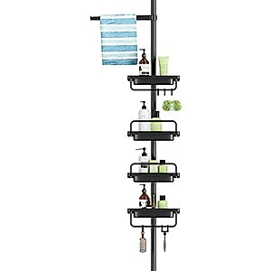 FRDECON Rustproof Shower Caddy Corner for Bathroom, 4-Tier Tension Pole Stainless Steel Shower Organizer, 56 to 117 Inch Adjustable Bathtub Shower Shelf Storage with 1 Tower Bar, Black