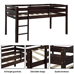 Bellemve Low Loft Bed Twin Size Wooden Loft Bed Frame with Ladder for Kids Girls Boys Teens, Espresso