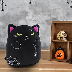 cheerdecor Black Cat Plush - 9" Halloween Cat Stuffed Animals Cool Cat Plush Pillow Soft Cat Plushie with Spider Toy Black Cat Plushies Gift Kids Creepy Cute Spider Black Cat Plush Pillow - Ebon