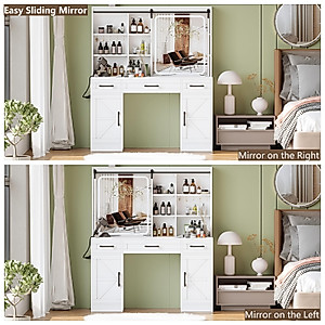 Irontar Farmhouse Makeup Vanity Desk with Sliding Mirror & Charging Station, Vanity Table with Lights & Hidden Storage Shelves, Makeup Desk with 3 Drawers and 2 Cabinets, White WDT009W
