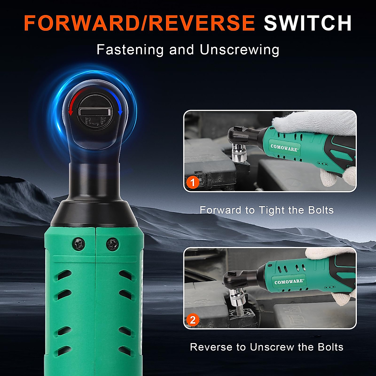 COMOWARE 3/8 Cordless Electric Ratchet Wrench Kit, 40ft-lbs Torque, 12V Power, 8 Sockets, LED Light, Fast Charger, Ergonomic Design