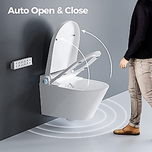 HOROW Luxury Wall Mounted Bidet Toilet with Instant Warm Water, Smart Toilet with Auto Open Lid, Heated Seat, Dryer, Modern Toilet, White Rear Discharge Toilet without Toilet Tank Carrier