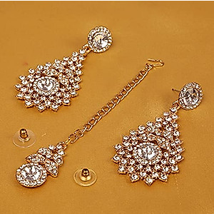 NEW! Touchstone Indian Bollywood Exotic Petals Studded Diamond Look Sparkling Rhinestone Designer Jewelry Chandelier Earrings Mangtika Head Accessory Combo In Gold Tone For Women.