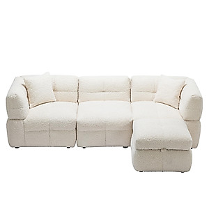 LUMISOL Large Sectional Sofa with Movable Storage Ottoman and 2 USB Ports, Teddy Fleece Fabric Sectional Sofa Couch with Lumbar Pillows, L-Shaped Sofa Couch for Living Room Apartments, Creamy White