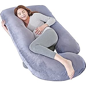TREE.NB Pregnancy Pillows, U Shape Polyester Maternity Pillow for Pregnant Women Body Feeding Support,with Grey Velvet Cover, Support Pillow with Removable Washable Pillowcase 63''x37.4''x27.5''