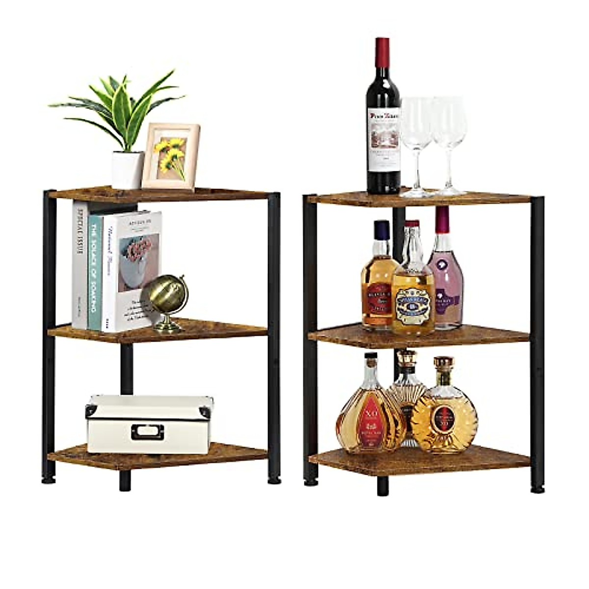 SHINOSKE 3-Tier Corner Shelf, Multipurpose Storage Cabinet Organizer Rack Stand, Wood Storage Stand with Metal Frame,Plant Stand for Living Room, Home Office, Kitchen, Small Space,Brown