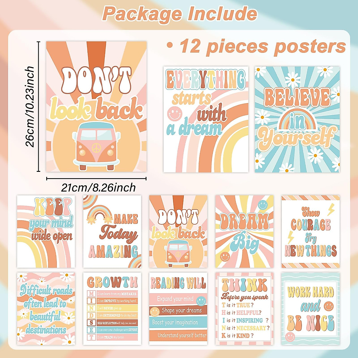 ZOIIWA 12 Retro Groovy Classroom Decorations Posters Groovy Hippie Bulletin Board Set Back to School Retro Growth Mindset Poster for Kids Classroom Homeschool Kindergarten Wall Art Unframed (8×10)