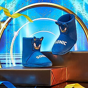 Sonic The Hedgehog Boys Slippers - Warm 3D Kids Slippers Size 10-3 Non-Slip House Shoes - Sonic Gifts for Boys (Blue Bootie, 1)