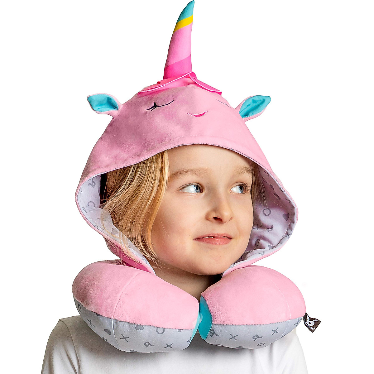 BENBAT Hooded Travel Pillow Neck Support – Soft, Polyester Total Car Seat Head Support for Children 4+ with Magnetic Closure and Ponytail Hole – Machine-Washable Travel Essentials (Unicorn)
