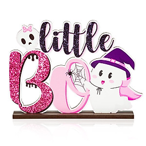 AwserTantue Little Boo Baby Shower Wooden Table Centerpiece, Halloween Glitter Pink and Black Wood Letter Sign for Halloween Party Kids Birthday Baby Shower Gender Reveal Party Decoration Photo Props