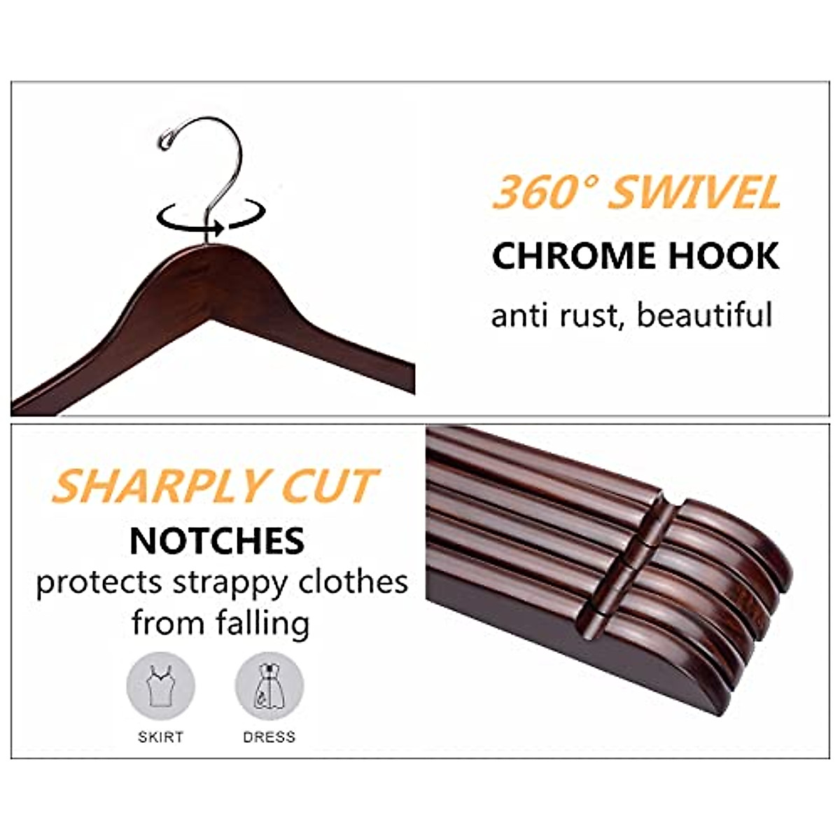 Amber Home Smooth Walnut Finish Solid Wood Shirt Dress Hangers 20 Pack, Sturdy Wooden Coat Hangers with Precisely Notches, Clothes Hangers for Jacket, Camisole, Bridal (Walnut, 20)