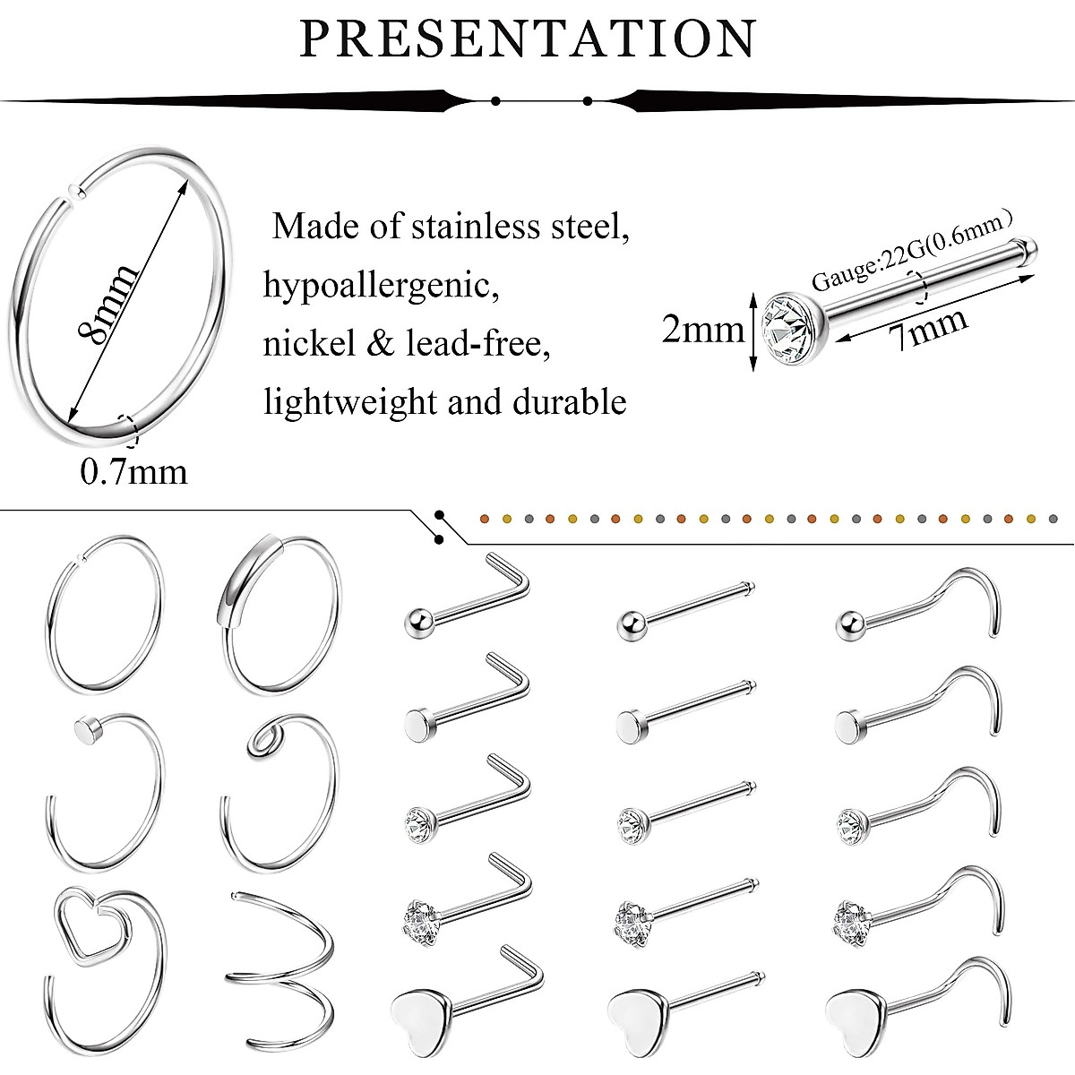 FINREZIO 27PCS 22G Surgical Steel Nose Rings Hoop Nose Studs for Women Men L Shaped Nose Rings Stud Cartilage Earrings Piercing Jewelry