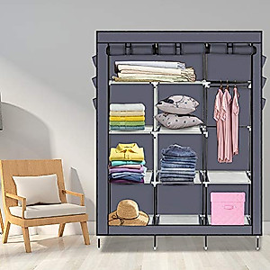 Simply-Me Wardrobe Storage Closet Portable Closet Clothes Storage Organizer Non-Woven Fabric Closet Organizers and Storage Shelves with Side Pockets,69-Inch (Gray)