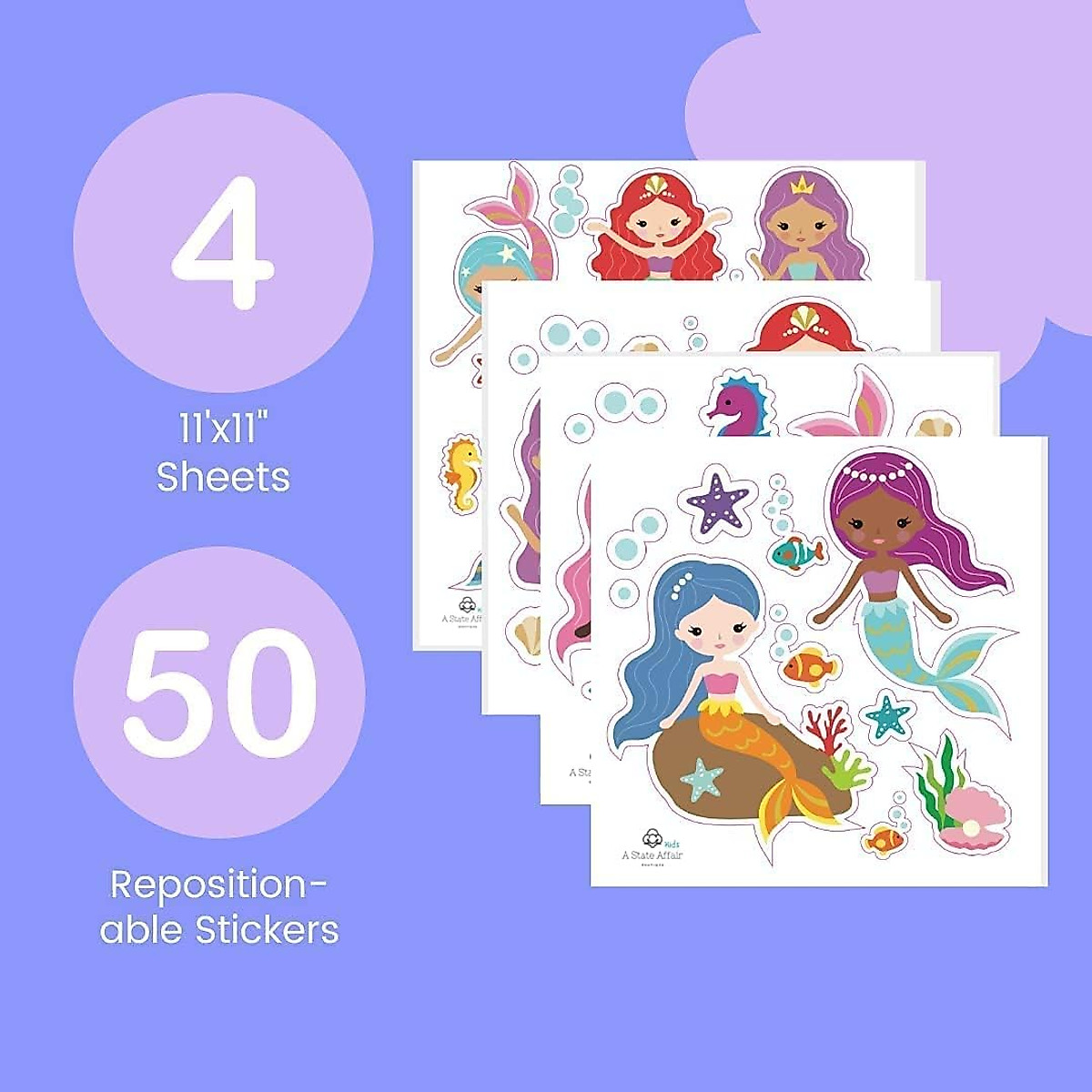 Mermaid Wall Decals Girls Bedroom and Bathroom Decor, 50 Peel and Stick Multicultural Mermaid Stickers for Girls, Includes 4 Sheets 11x11 inches Each Fun Reusable Decals