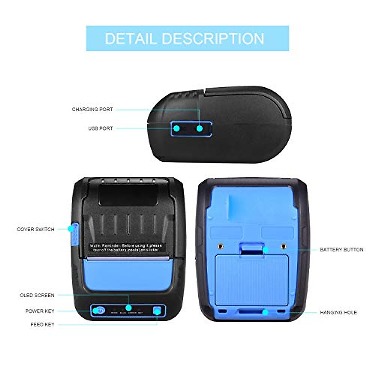 VIBY Portable 58mm Thermal Receipt Printer Handheld Barcode Printer USB BT Connection