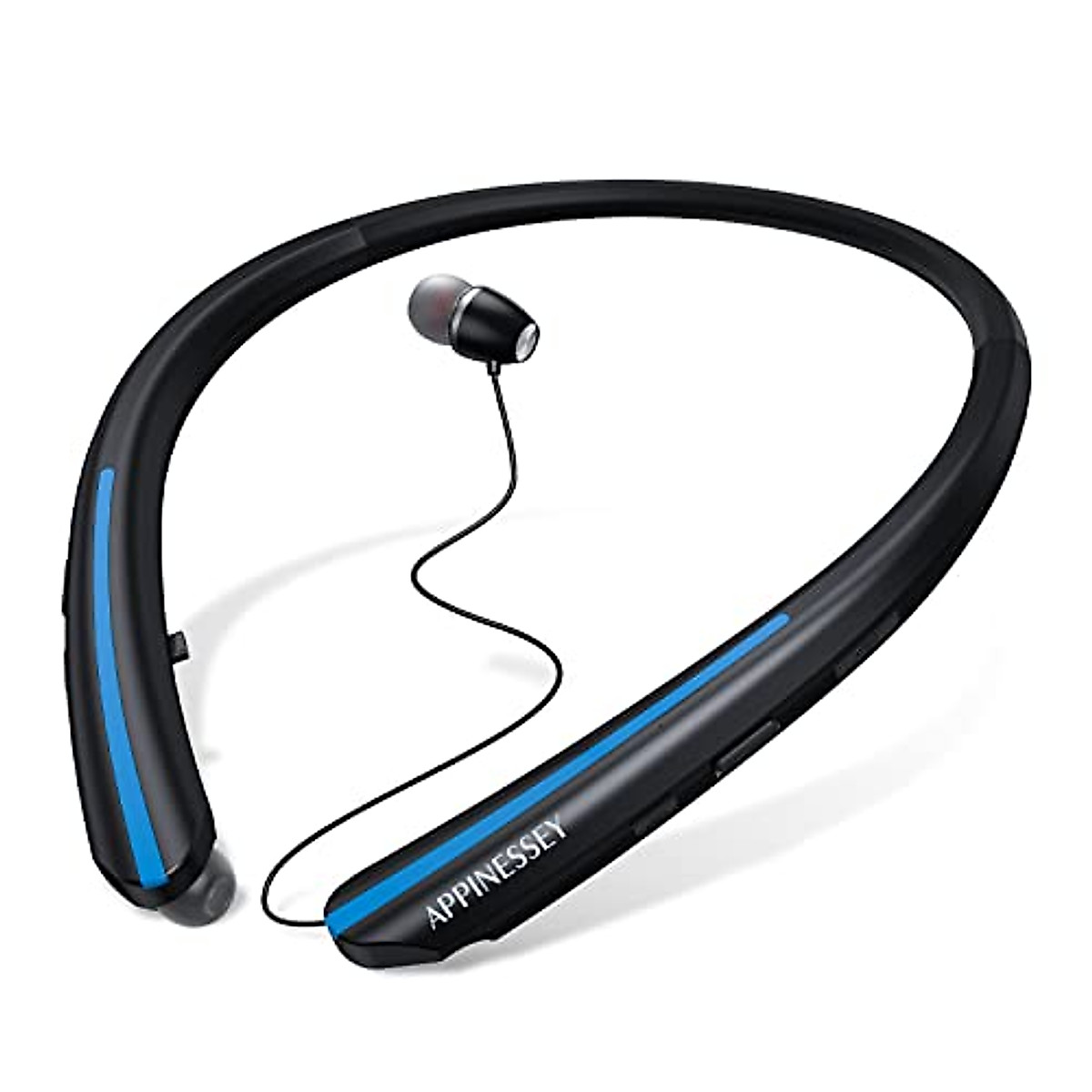 APPINESSEY Bluetooth Headphones Retractable, Neckband Headset with Sports Sweatproof/Waterproof, Noise Cancelling and Stereo Quality Sound Earbuds with Mic for Driving, Workout, Running (Black Blue)
