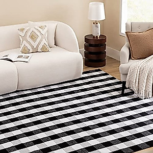 joybest Buffalo Plaid Rug 5 x 7 ft Black and White Checkered Area Rug Cotton Hand-Woven Indoor Outdoor Rugs Carpet for Patio, Living Room, Dining Room, Bedroom