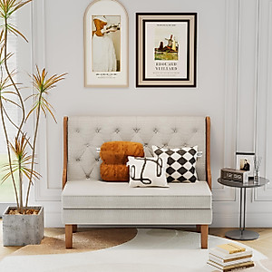 Andeworld Loveseat Settee Bench with Natural Rattan Arms,Upholstered Modern High-Back Mini Sofa Couch,Banquette Dining Bench Love Seat for Living Dining Room Bedroom Office Small Space Entryway,Ivory