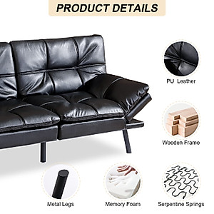 Opoiar Convertible Bed Faux Leather Couch Black Memory Foam Sleeper Sofa Small Folding Loveseat Futon Sets for Compact Living Room, Sofabed