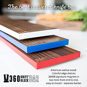 360KnifeBlock BAR - (walnut & blue) 4”x16” wall mount knife BAR - integrated level, steel clips, 2” screws