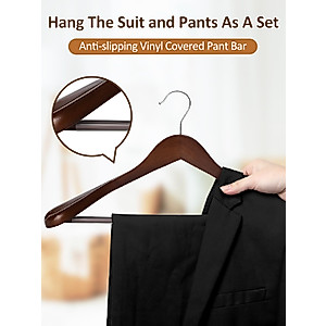 AMKUFO Wide Shoulder Wooden Hangers 8 Pack Coat Hangers with Non Slip Pants Bar, Heavy Duty Suit Hangers Wood Clothes Hangers with Smooth Finish 360° Swivel Hook for Sweater Jackets Shirts Walnut