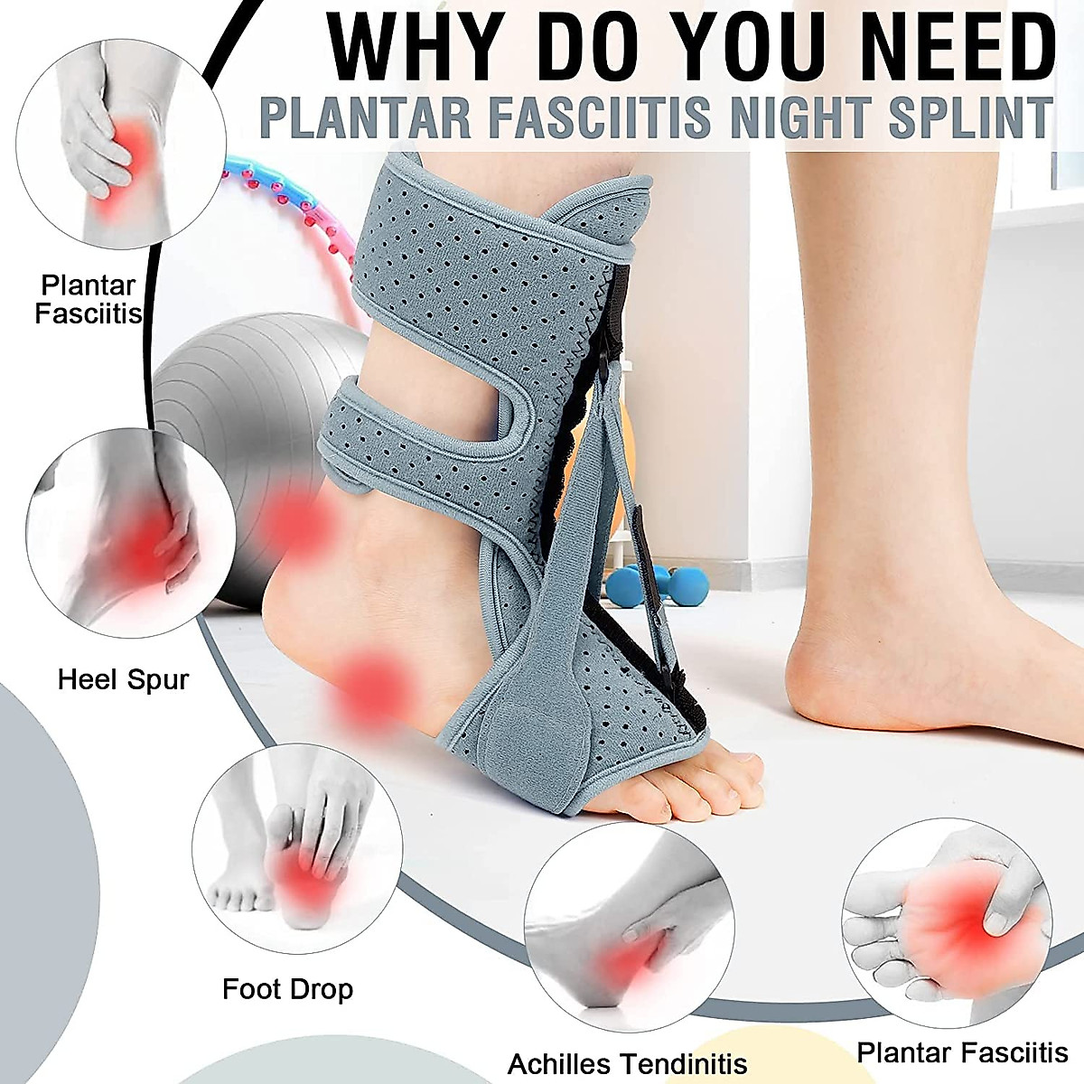 Plantar Fasciitis Night Splint: 2 Packs Upgrade 3 Adjustable Straps Plantar Fasciitis Relief Night Splint for Women & Men, Relief Brace Achilles Tendonitis and Foot Drop Heel Arch Pain Support(Grey-2pc)