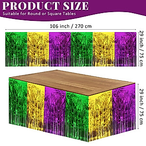 URATOT 2 Pack 29 x 106 Inches Mardi Gras Metallic Fringe Table Skirt Mardi Gras Decorations for Party Gold Green Purple Foil Fringe Table Skirt