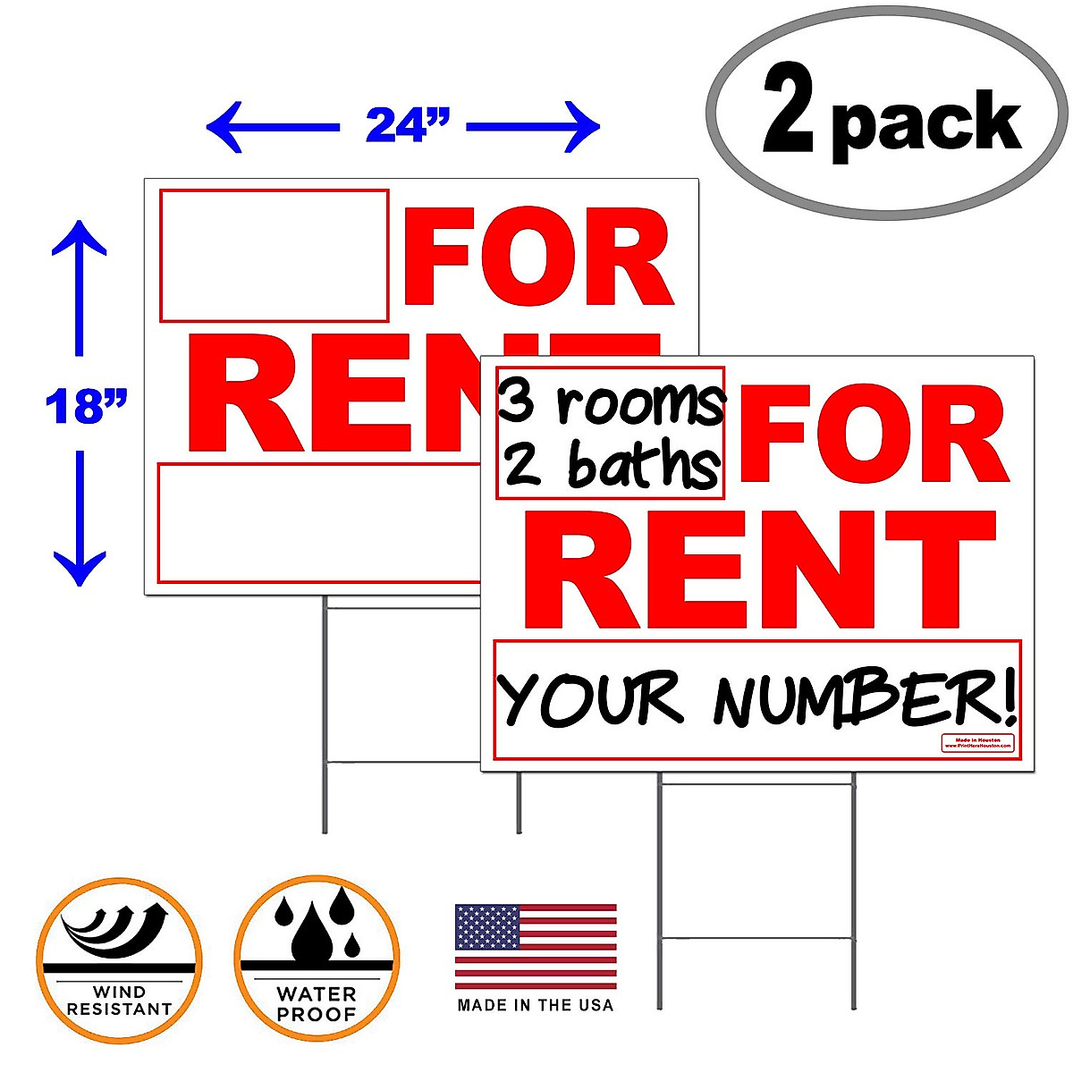 FOR RENT Yard Signs Double Sided Prints on 24" x 18" Corrugated Plastic Lawn Sign + Heavy Duty H-Stakes Wire Stand (2)