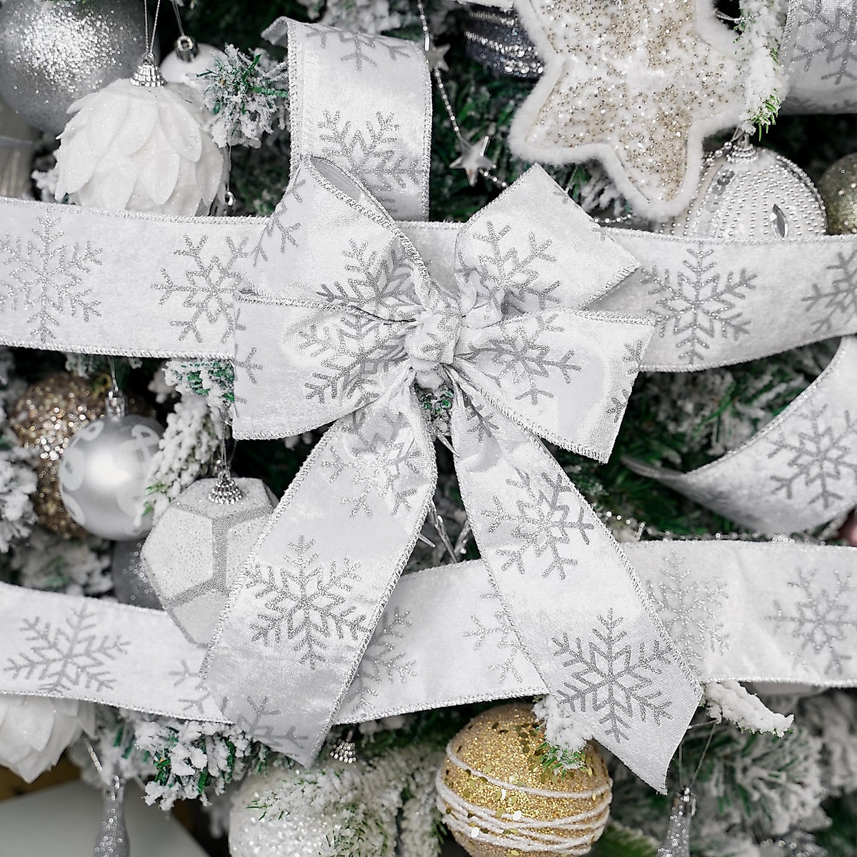 AIMUDI White Christmas Velvet Ribbon Wired 2.5 Inch Silver Glitter Snowflake Wired Ribbon for Wreaths White Ribbon for Christmas Tree, Gift Wrapping, Garland, Holiday Crafts, Topper Bows - 10 Yards