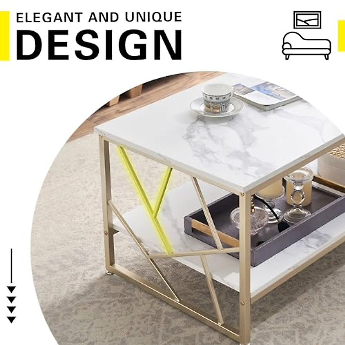 MKJLWO White Coffee Tables for Living Room, Square Marble Gold Coffee Table 2-Tier Storage Modern Center Table White Home Furniture Office Decor 43×21in