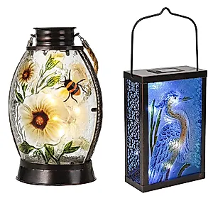 TERESA'S COLLECTIONS Glass Decorative Hanging Outdoor Solar Lanterns Bundle(2PCS) | Bee Gathering Honey Lantern and Blue Heron Lantern for Home Garden Patio Lawn Yard Decor