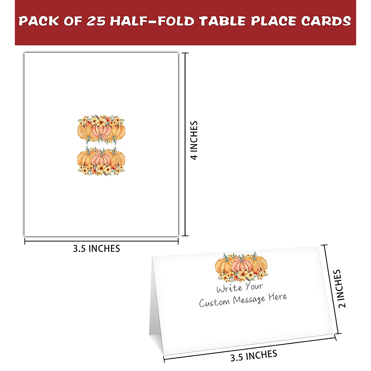 Fall Thanksgiving Table Place Card, 25 Pcs Tent Style Cards Set with Pumpkin and Maple Leaf, Editable Name Cards for Table Seating, Scored for Easy Folding, Food Lables for Autumn Party (01)